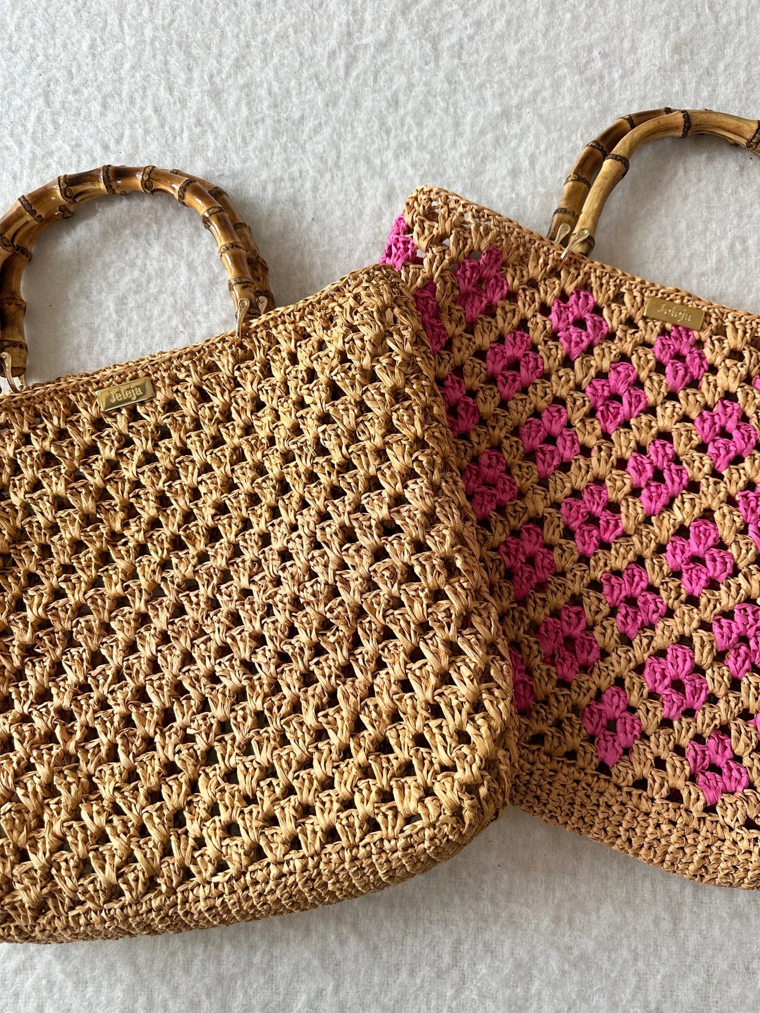 Bamboo Bag With Natural Raffia In Caramel And Pink – Jeleja